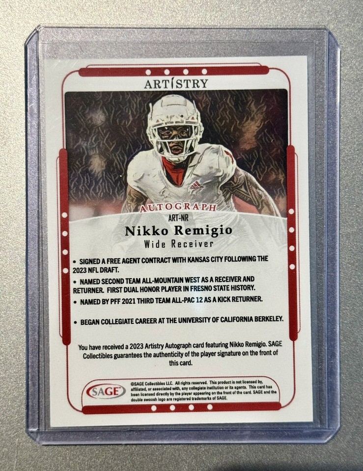 2023 Sage NIKKO REMIGIO Artistry Red Color Match SSP Rookie Auto CHIEFS ...
