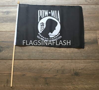 Pow Mia POWMIA Prisoner of War Stick Flag wood staff 12x18 flag 24inch ...
