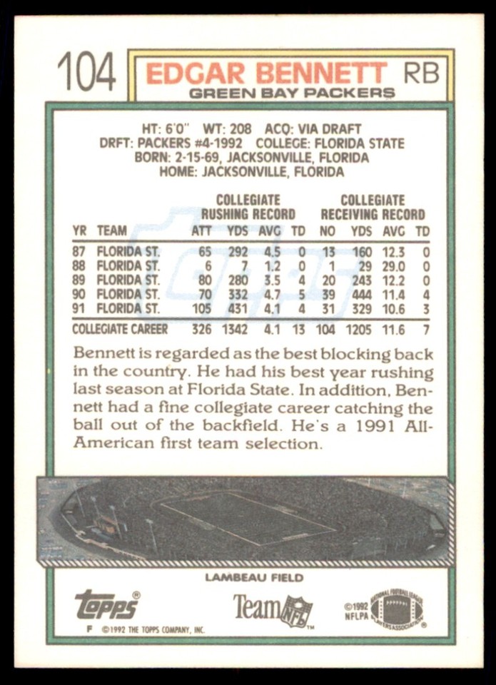 1992 TOPPS EDGAR BENNETT RC GREEN BAY PACKERS #104 | eBay