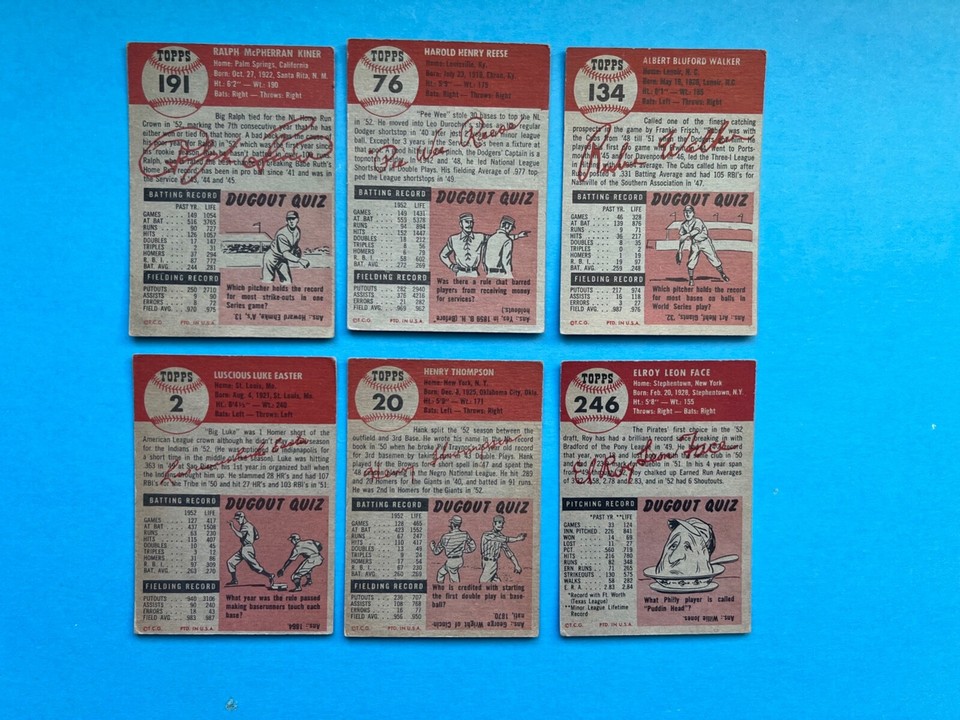 1953 TOPPS BASEBALL CARD LOT OF 6 INCL: PEE WEE REESE, RALPH KINER, ROY ...