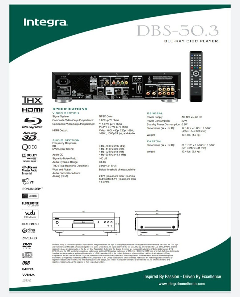 Integra DBS-50.3 Blu-Ray, DVD, CD, USB Player "Flagship" Model - Xclnt+ ...
