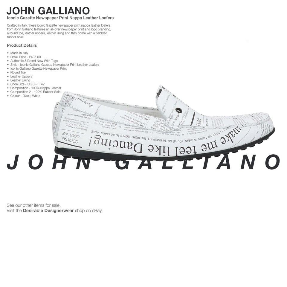 JOHN GALLIANO Loafers Driving Shoes Newspaper Print Black White Size 8 ...