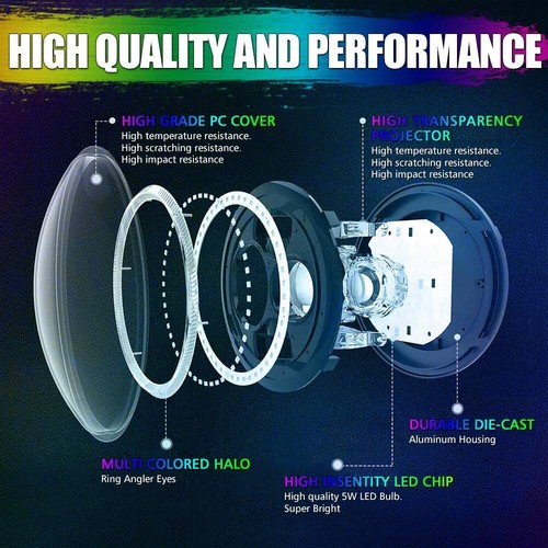 Pair 7" Inch RGB LED Headlights Halo Angel Eyes For Jeep Wrangler JK LJ ...