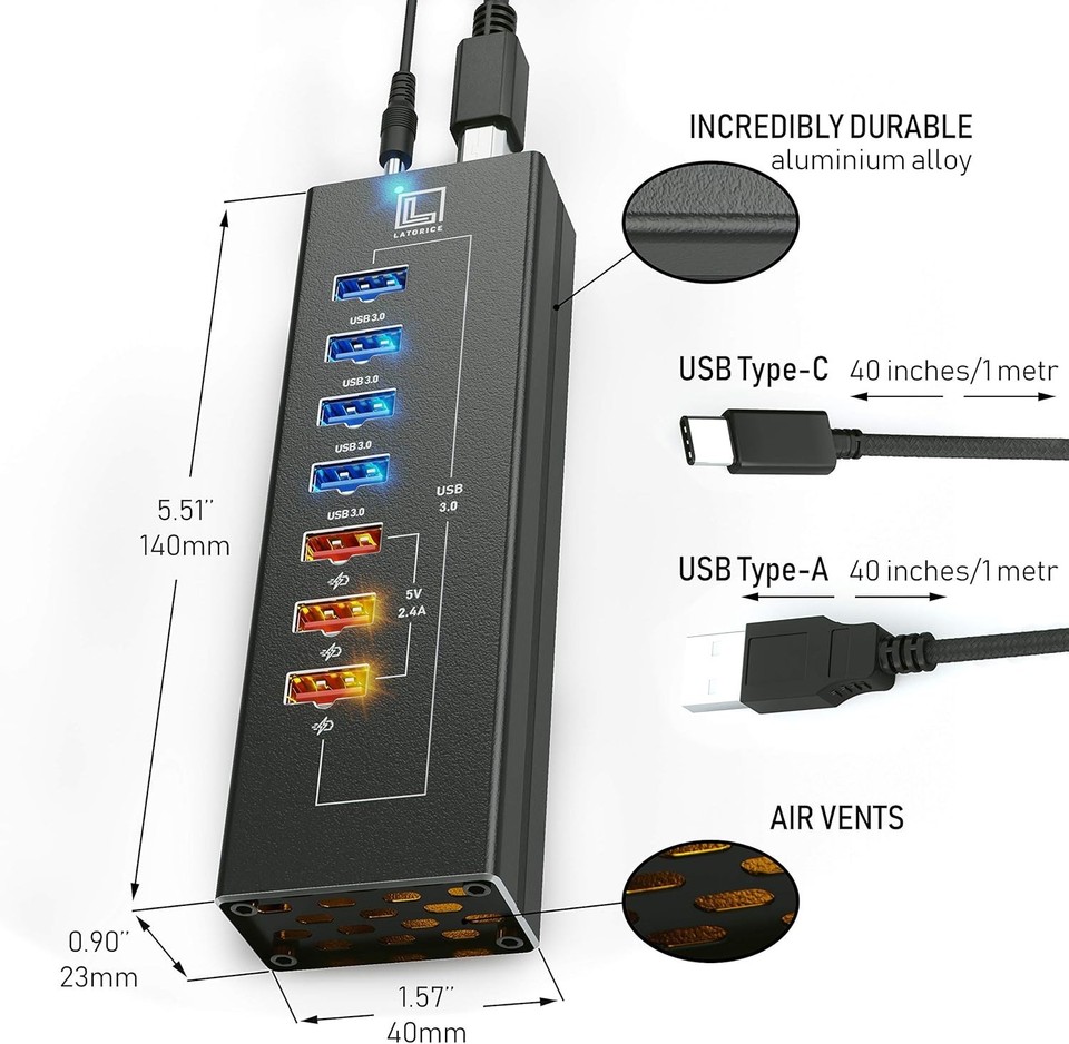 Powered USB Hub - Multi-Port USB Hub with 7 USB 3.0 Ports, 3 Fast ...