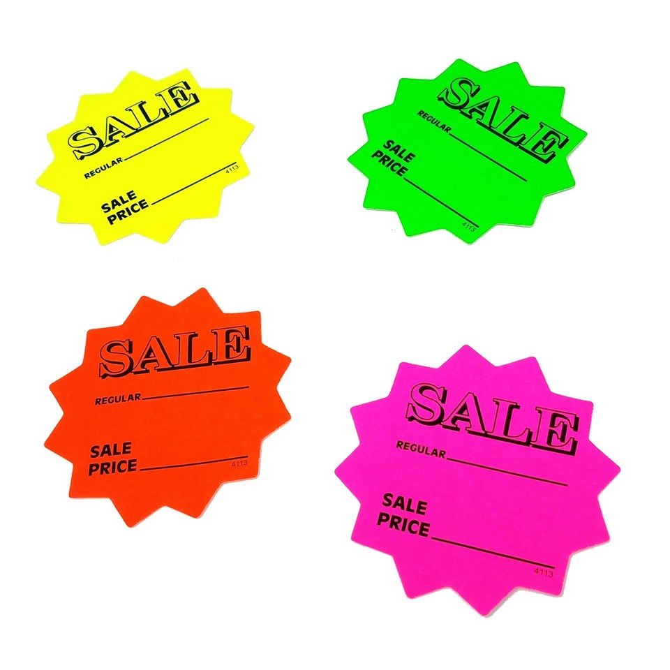 100 3" Sale Price Signs Fluorescent Neon Die Cut Solar Star Burst ...