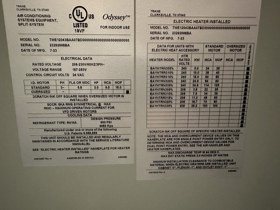 Trane Commercial 10 Ton Split System Air Handler, Single Circuit, 208 ...