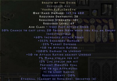 Diablo 2: Resurrected Eth BOTD breath of the dying Berserker Axe PC Softcore | eBay