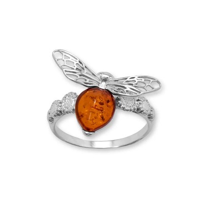 Sterling Silver Baltic Amber Honey Bee and Flower Ring,Genuine Amber ...