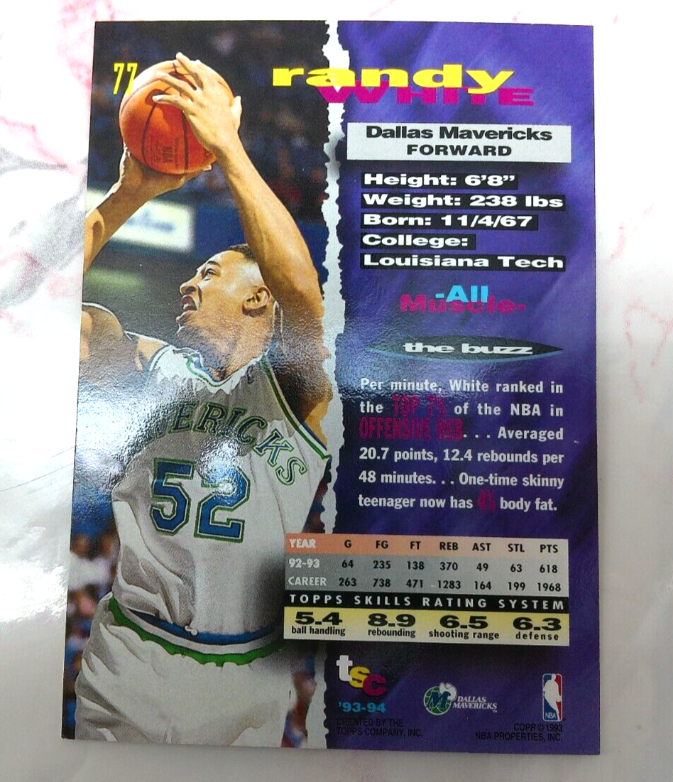 1993-94 Topps Stadium Club Basketball Dallas Mavericks Randy White #77 ...