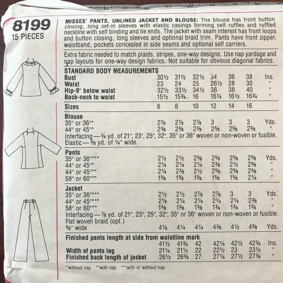 Simplicity 8199 Sewing Pattern Size14 Uncut 1977 Pants Jacket Blouse ...