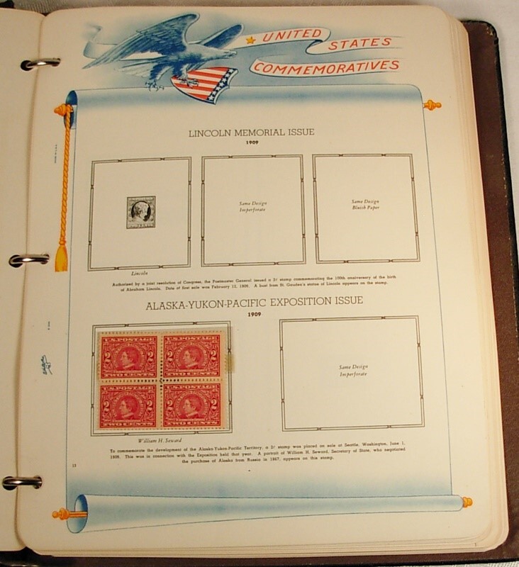 US COMMEMORATIVE STAMP ALBUM WITH ABOUT 220 MINT BLOCKS OF 4 1909-1949 ...
