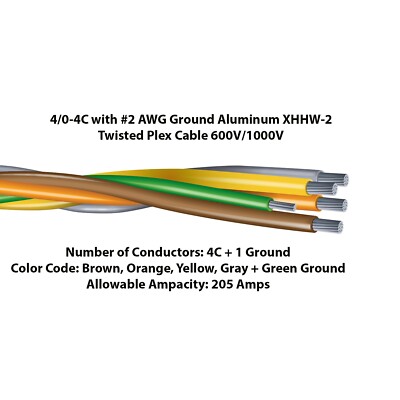 4/0-04PPLEX-BOYG-2G 4/0-4 with #2 Ground Twisted Aluminum XHHW-2 Plex ...