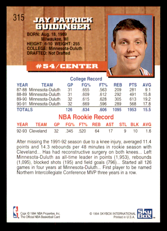 1993 Hoops Jay Guidinger #315 Cleveland Cavaliers | eBay