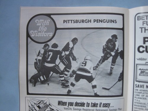 1974/75 VANCOUVER CANUCK PITTSBURGH PENGUINS NHL PROGRAM GARY INNESS ...