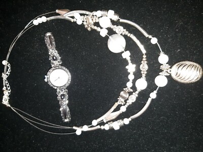 Vintage Avon watch and necklace Set silvertone &blk watch and white ...