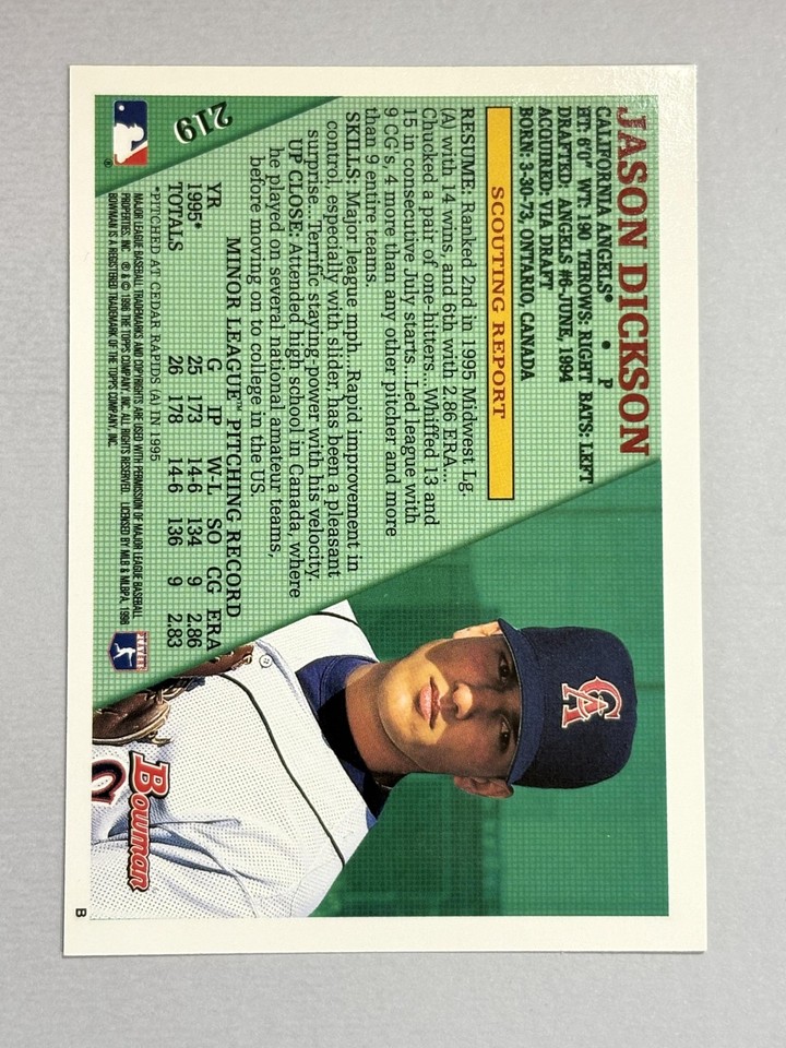 Jason Dickson 1996 Bowman California Angels #219 P238 | eBay