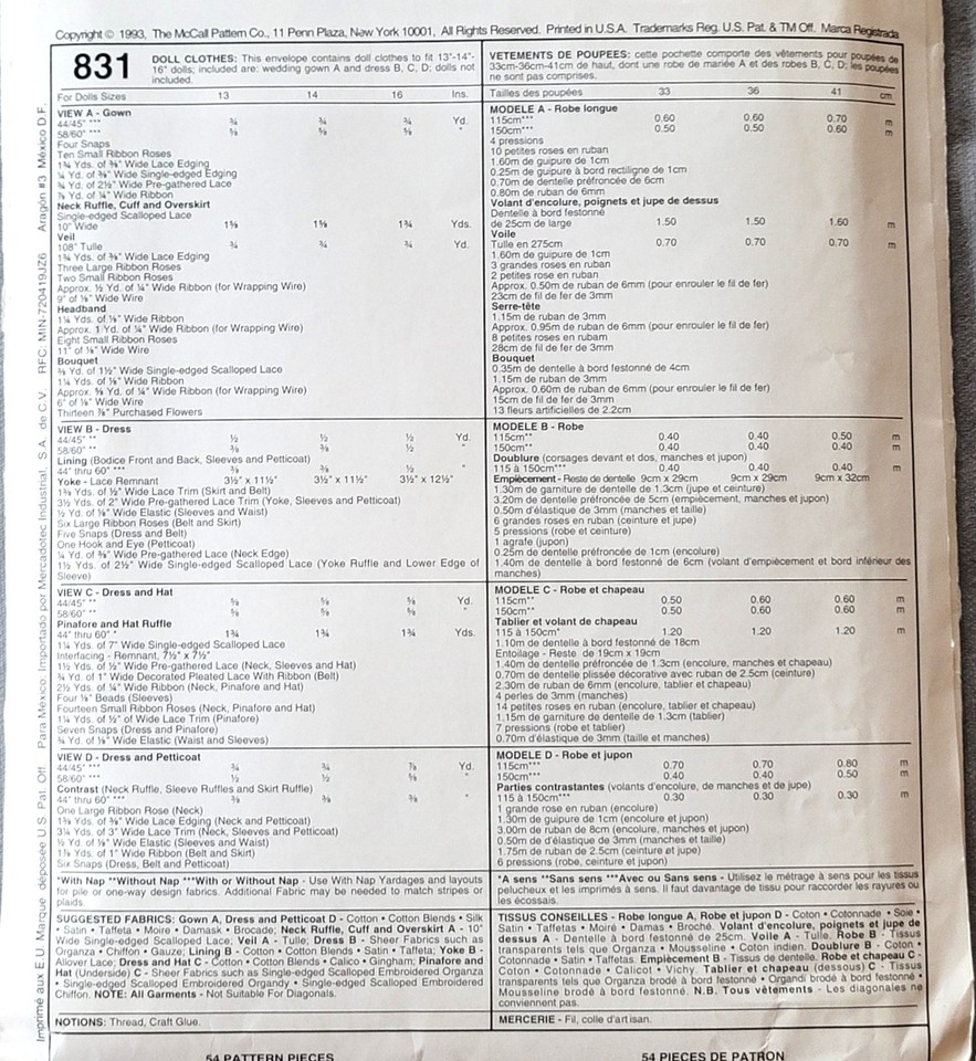 McCall's 831 Craft Pattern Clothes for 13 14 16" Doll Fancy Frocks ...