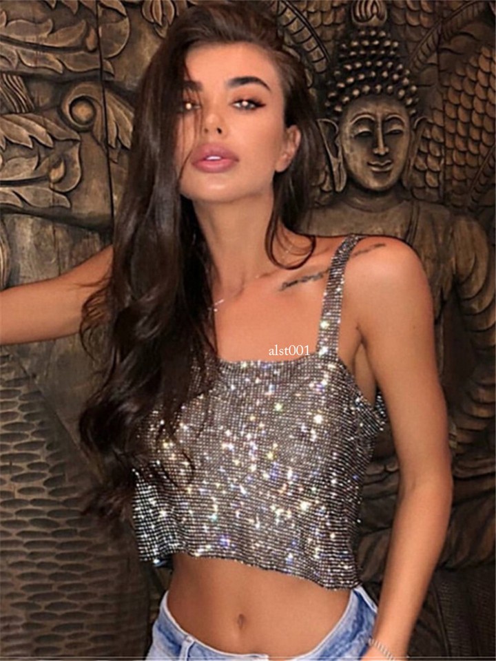 Night Club Sparkly Crystal Rhinestone Metal Chainmail Halter Draped Bra ...