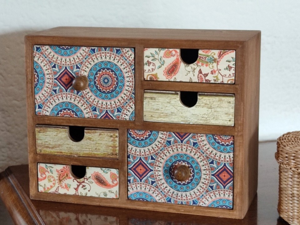 Mini Desktop Chest Of Drawers. Jewelry Drawers Box with blue and orange ...