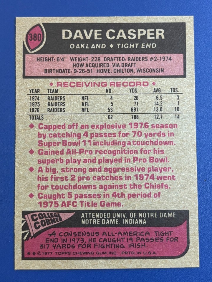 🏈 1977 Topps Football Base Card Rookie #380 Dave CASPER 🏈 | eBay