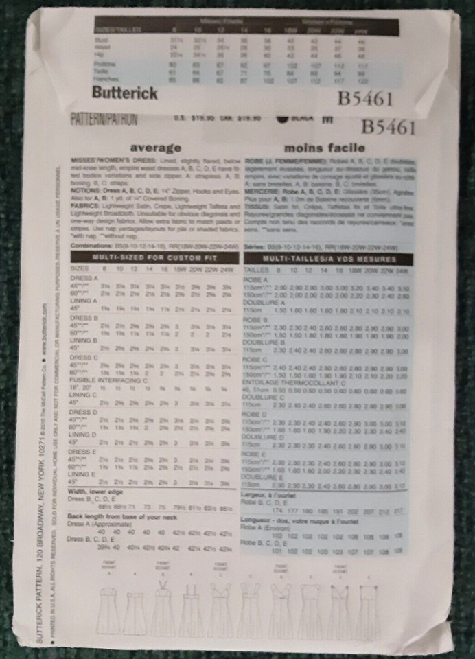 Butterick Pattern B5461 Misses' / Woman's Dress Sewing Craft Project ...