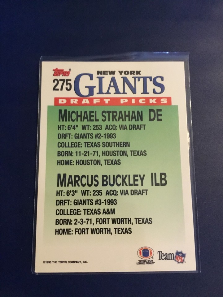 1993 Topps # 275 MICHAEL STRAHAN & MARCUS BUCKLEY ROOKIE RC Giants Hot ...