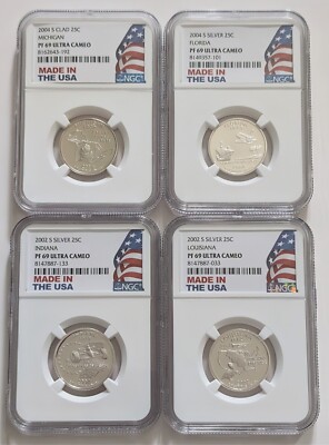 4 SILVER 25C NGC PF69 ULTRA CAMEO SILVER STATE COINS (IN LA MI AND FL ...