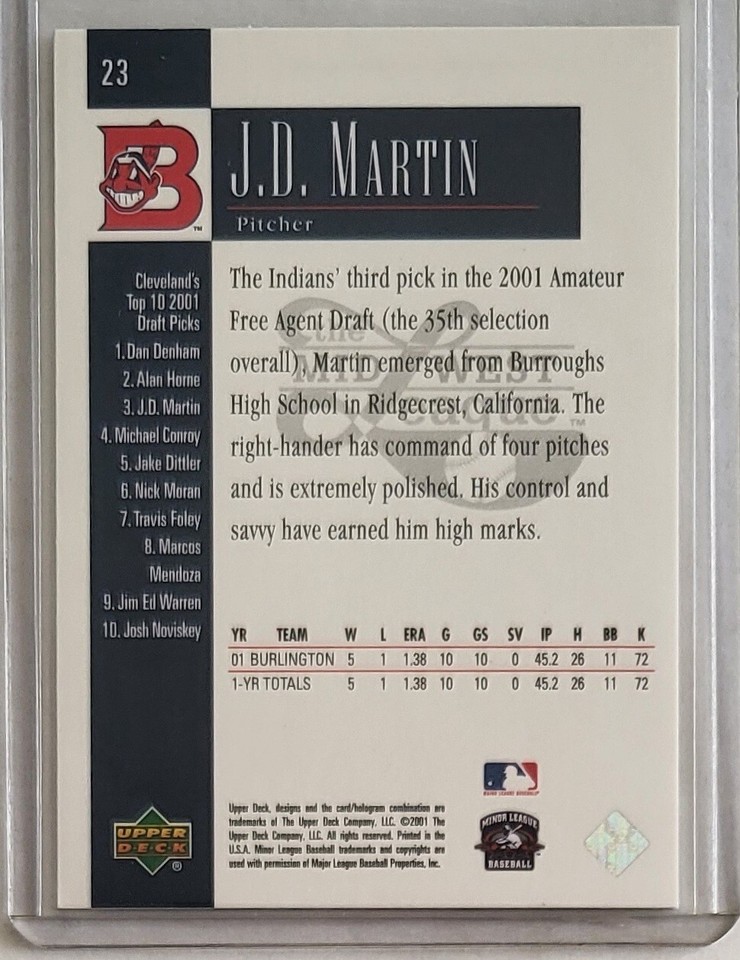 2001 Upper Deck Minors Centennial #23 J.D. Martin Burlington Indians ...