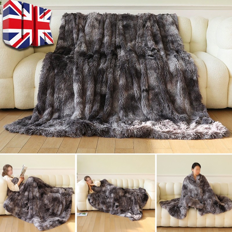 Large Faux Fur Blanket Soft Warm Fluffy Shaggy Throw Fleece Bedroom ...