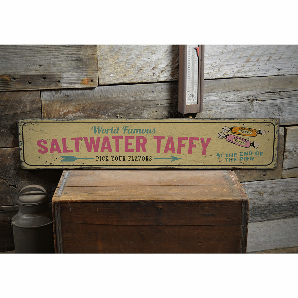 World Famous Saltwater Taffy Novelty Distressed Sign, Personalized Wood ...