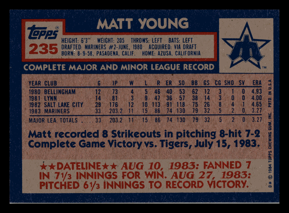 1984 Topps Matt Young RC Rookie Seattle Mariners #235 Centered Mint | eBay