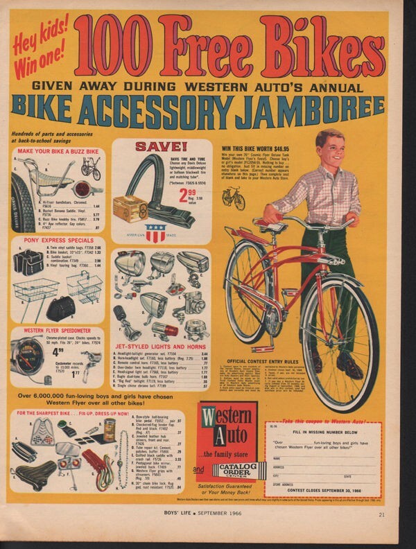 1966 WESTERN AUTO BIKE ACCESSORY JAMBOREE BICYCLE LIGHT FRAME BUZZ TIRE ...