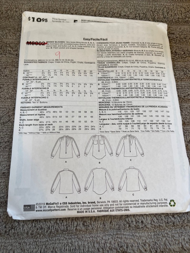 McCalls Pattern M8002 Misses Loose Fit Blouse w/Hem~Collar~Trim Options ...
