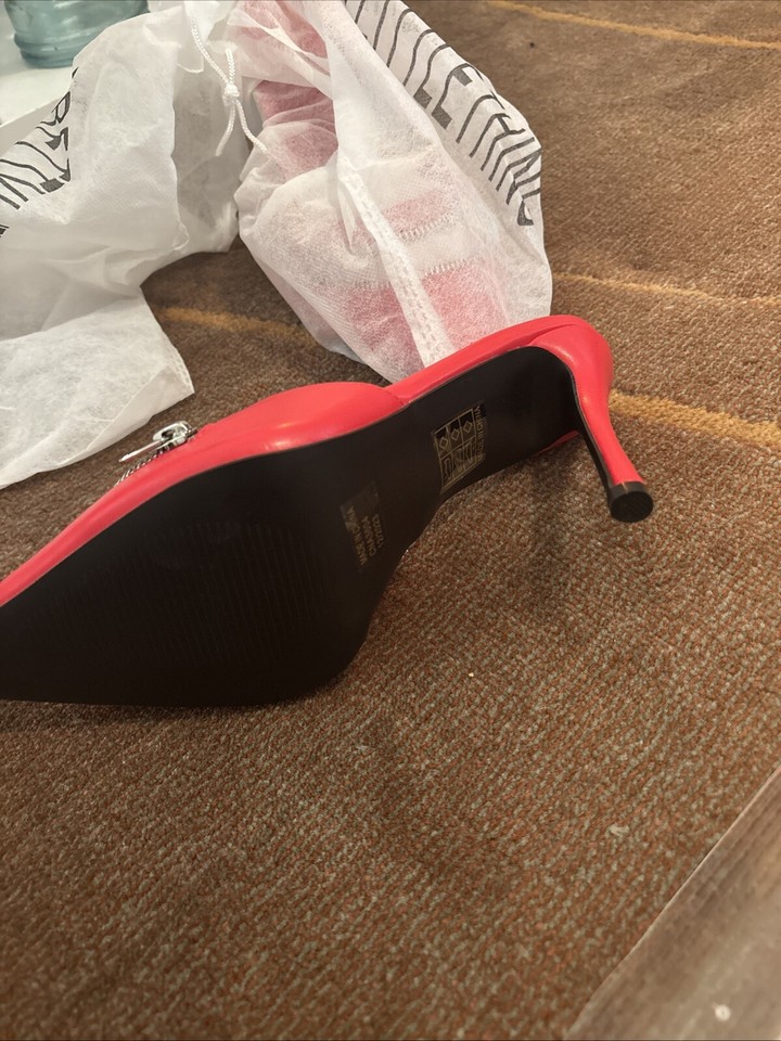 Red Pointy toe vinyl stiletto heeled mule with zipper detail. | eBay