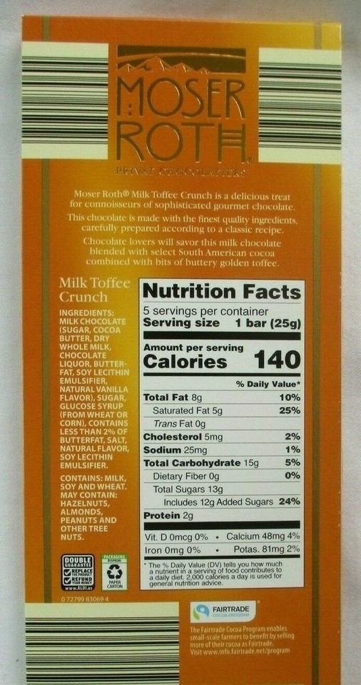 MOSER ROTH PREMIUM CHOCOLATE MILK TOFFEE CRUNCH 5-BAR 4.4-OZ PACK | eBay
