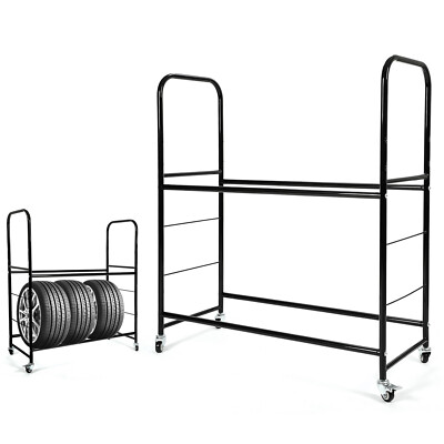 Steel Rolling Tire Storage Rack 2-Shelf Tire Holder Hold up to 8 ...