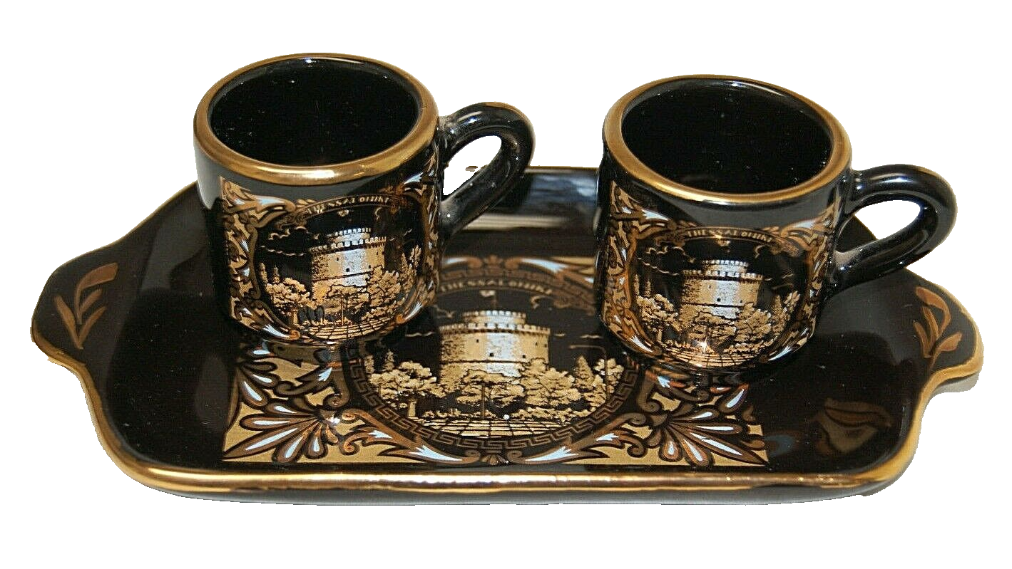 Takoussis Tea Set 2 Small Cups and Tray 24k Gold Accents Moschato ...