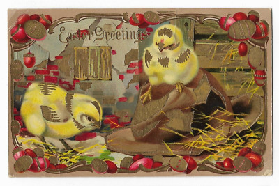 Easter Chicks w Fedora Hat & Red Eggs ~ Antique 222 Series Postcard ...