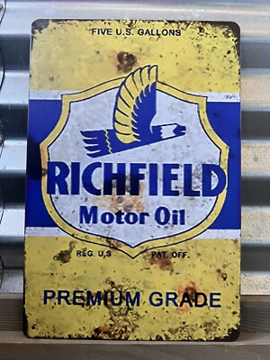 RICHFIELD MOTOR OIL PREMIUM GRADE 5 GALLONS TIN SIGN 8"X12" DISTRESSED ...