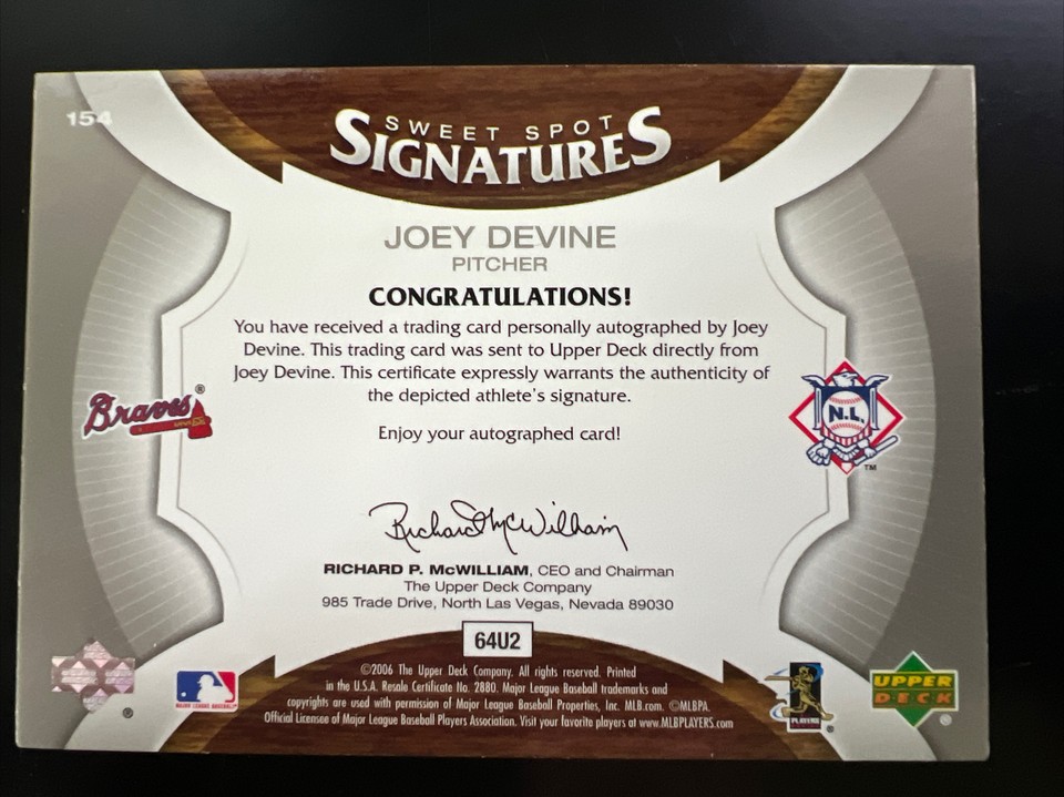 Joey Devine - 2006 Sweet Spot Signature RC - Atlanta Braves - #51/99 | eBay