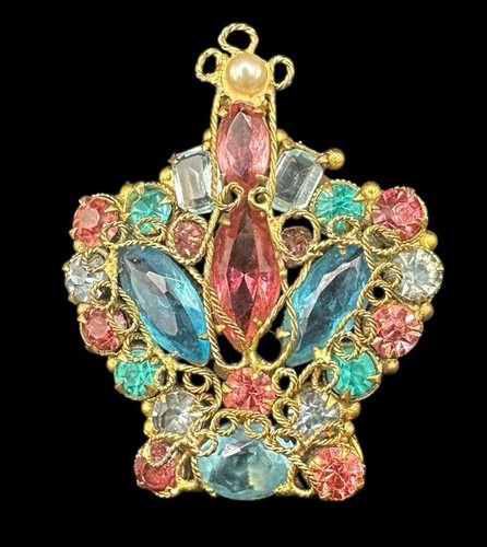 Signed Original By Robert Pink Blue Rhinestone Crown Gold Tone Filigree ...