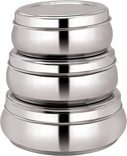 Stainless Steel Storage Box Etching Floral Belly Shape Puri Dabba Set ...