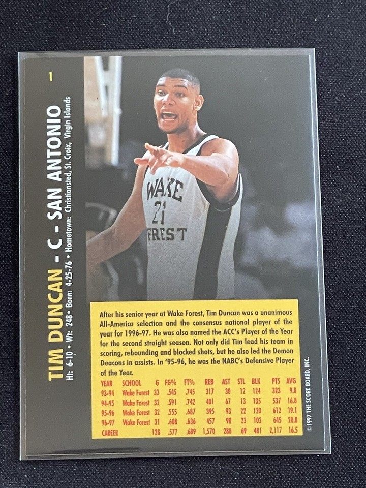 Tim Duncan NBA Rookie Card 1997 Score Board #1 San Antonio Spurs-Wake ...