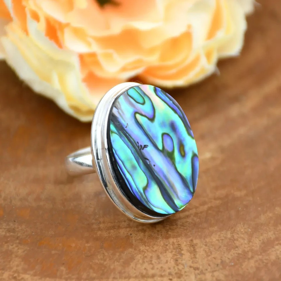 Natural Abalone Shell Ring 925 Sterling Silver Rainbow Gemstone ...