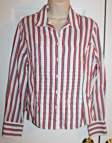 Jones New York Red & Blue Striped Pintuck Front LS Shirt, size L Petite ...