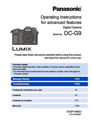 PANASONIC DC-G9 PRINTED ADVANCED INSTRUCTION MANUAL USER HANDBOOK 2.4 ...