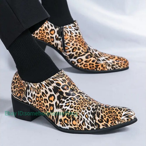 American Runway Style Mens Pointed Toe Leopard Printed Side Zip Cuban ...