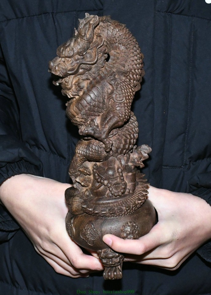 8.2" Old Chinese Dynasty Wood Carved Fengshui Dragon Loong Beast ...