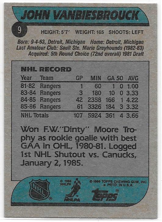 1986-87 Topps - John Vanbiesbrouck #9 (RC) for sale online | eBay