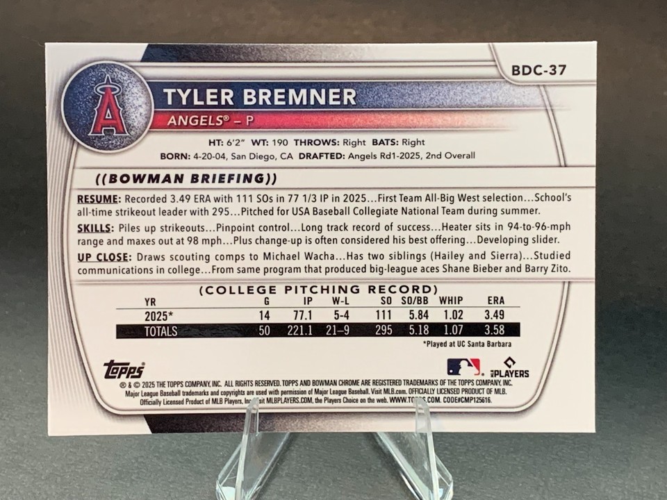 Tyler Bremner; 1st Bowman Prospect; Mega" MOJO"; 2025 Bowman Chrome ...